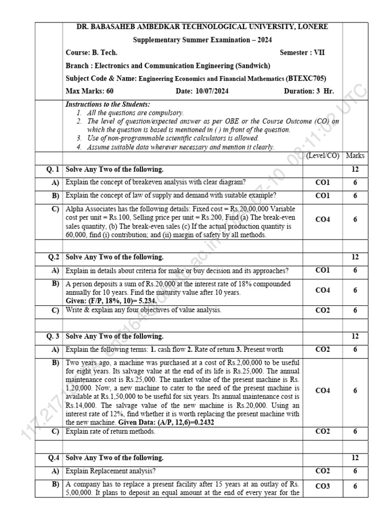 Engineering Economics Exam - Summer 2024 | PDF | Depreciation | Economies