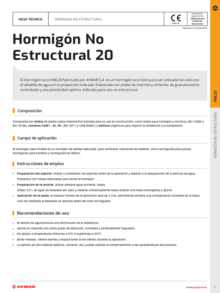 Hormigón No Estructural HNE20: Guía Técnica | PDF | Hormigón | Cemento