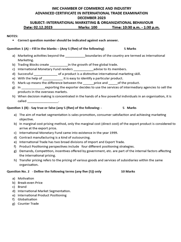 Imc Acit Papers Dec 2023 | PDF | Customs | Marketing