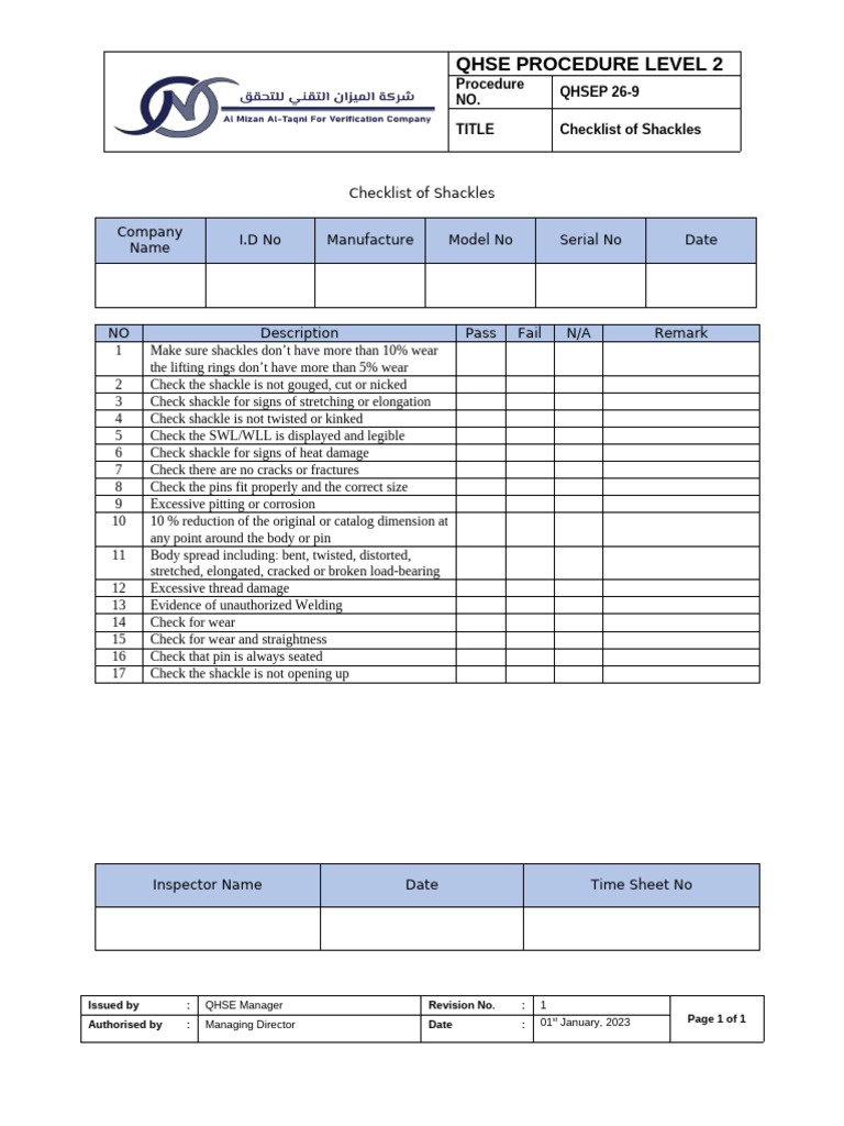 Shackle Inspection Checklist | PDF