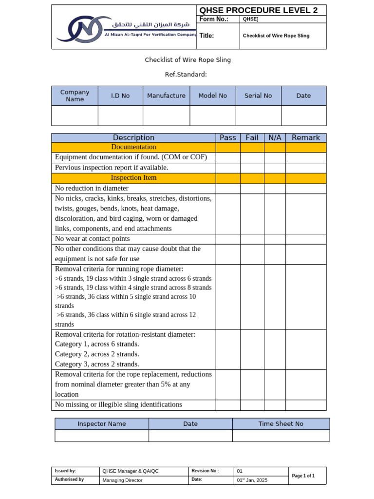 Checklist of Wire Rope Sling | PDF