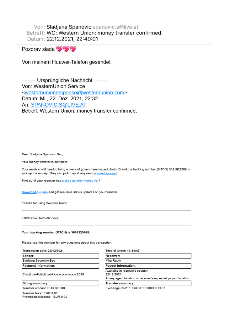 WG Western Union Money Transfer Confirmed | PDF | Credit Card | Payments
