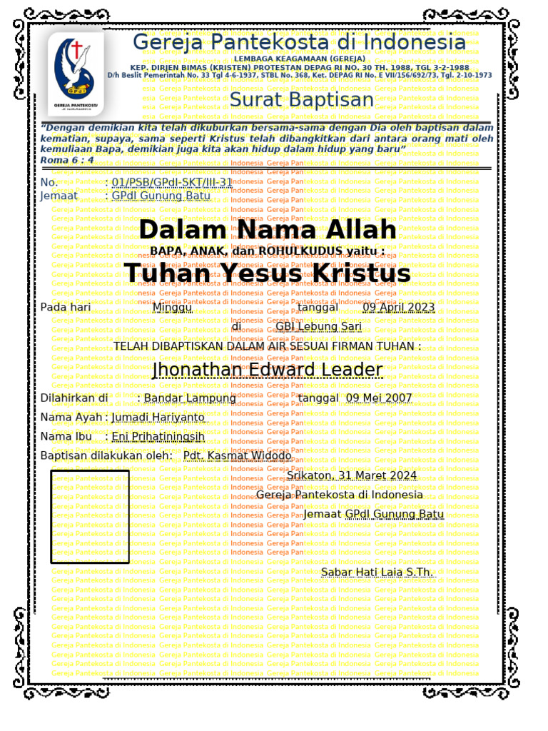 Surat Baptis Nathan | PDF