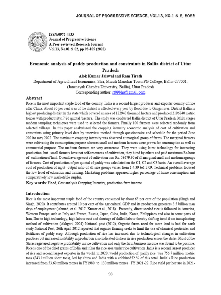 Economic Analysis of Paddy in Ballia | PDF | Agriculture | Rice