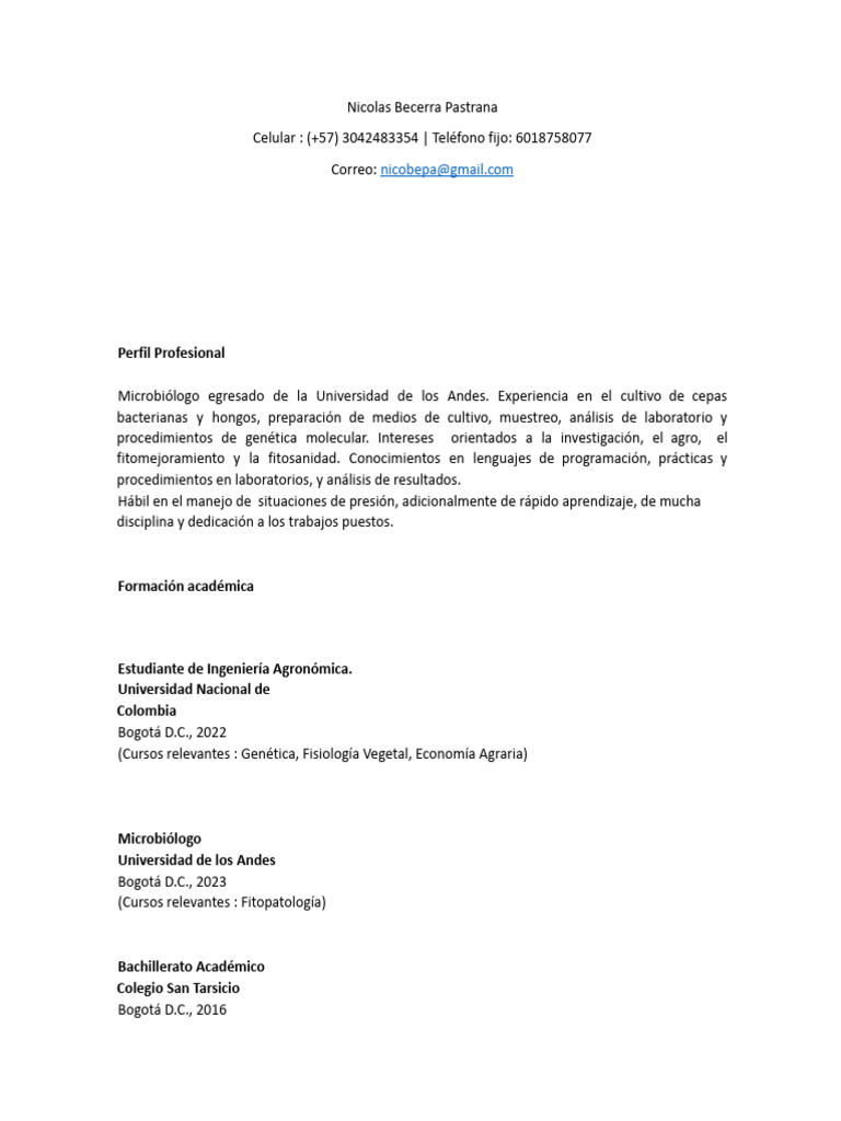 Hoja de Vida-BecerraPastrana-Nicolas | PDF | Bogotá | Agricultura