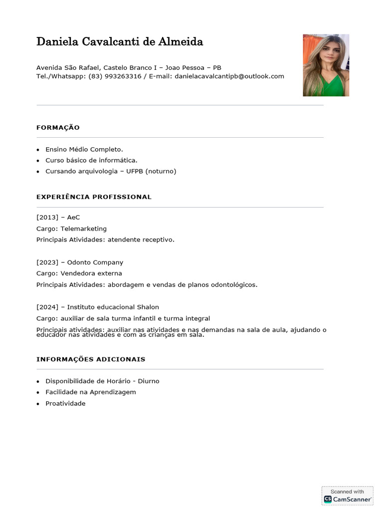 Daniela Cavalcanti de Almeida Curriculo | PDF