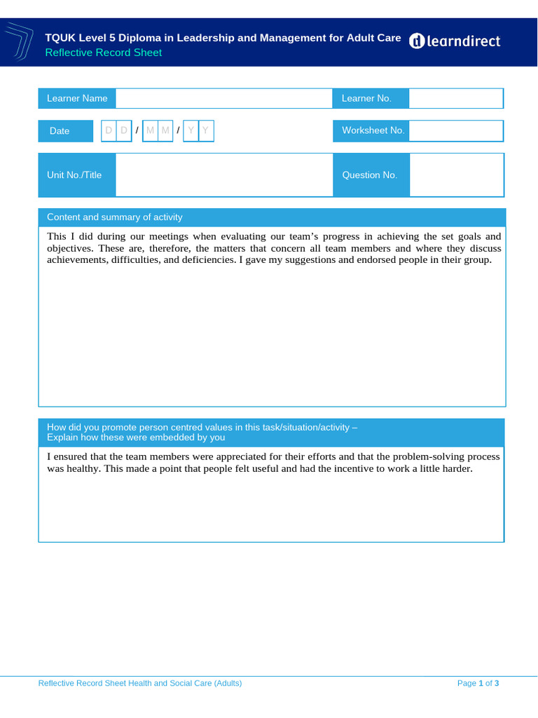 Question 02, Sheet 03 | PDF | Leadership | Reflective Practice