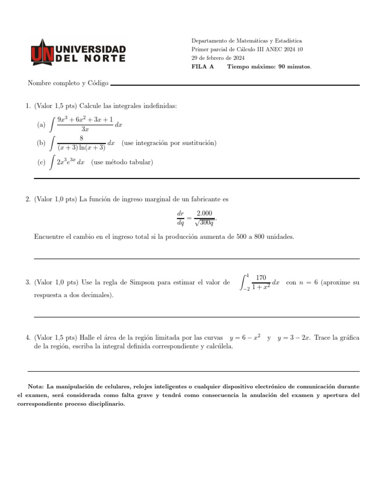 Examen Parcial Cálculo III ANEC 2024 | PDF | Integral | Relaciones ...