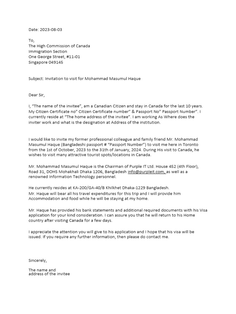 Invitation Letter - Canada | PDF