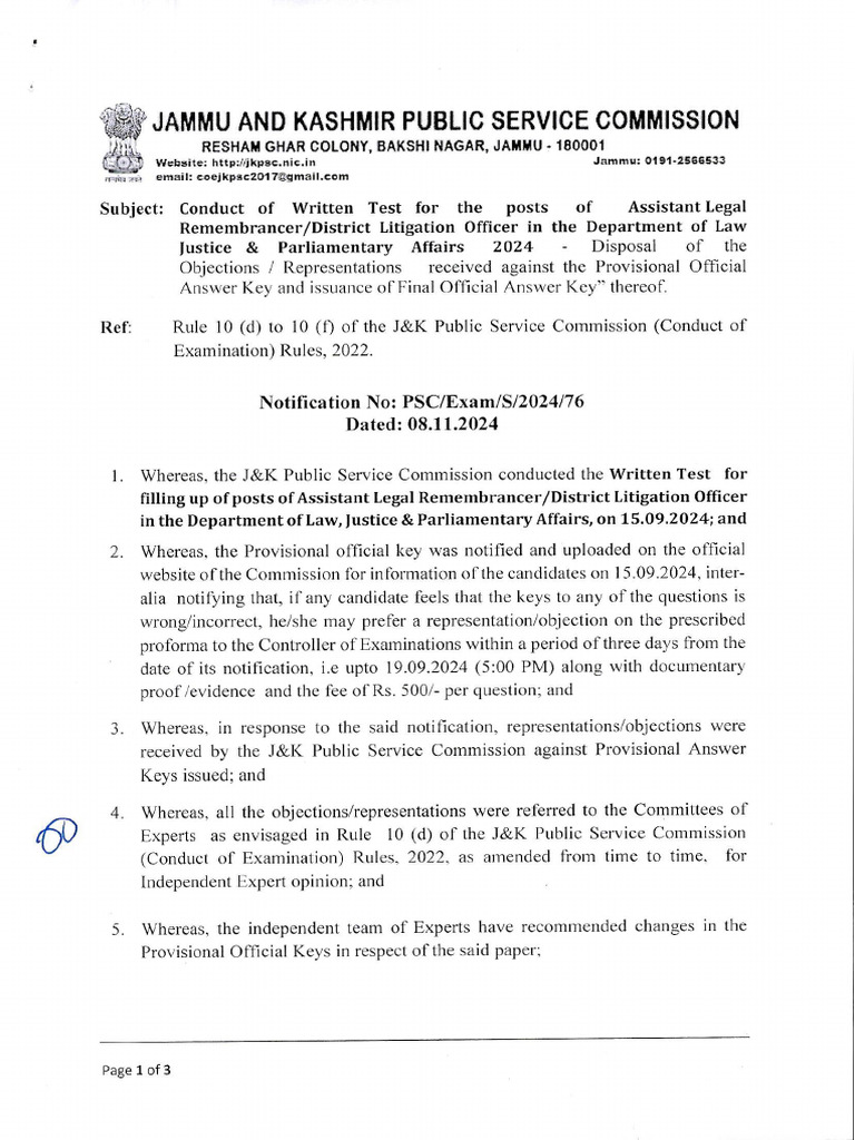 Conduct of written test for the posts of Assistant Legal Remembrancer ...
