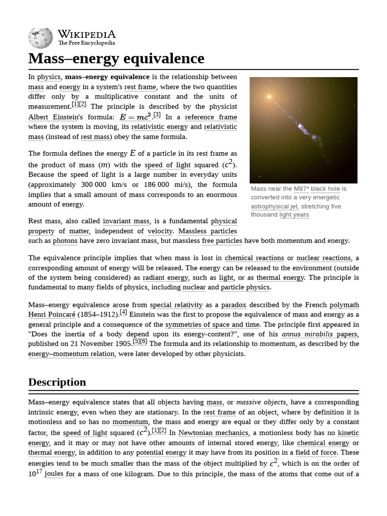 Mass-Energy Equivalence | PDF | Mass | Special Relativity