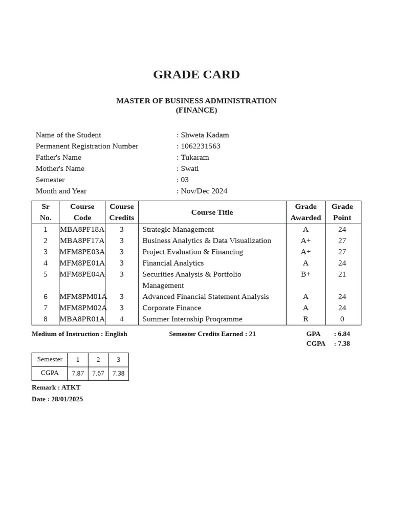 Mba Fin Sem 3 Sem Grade Card 1 1738076909206 STD | PDF