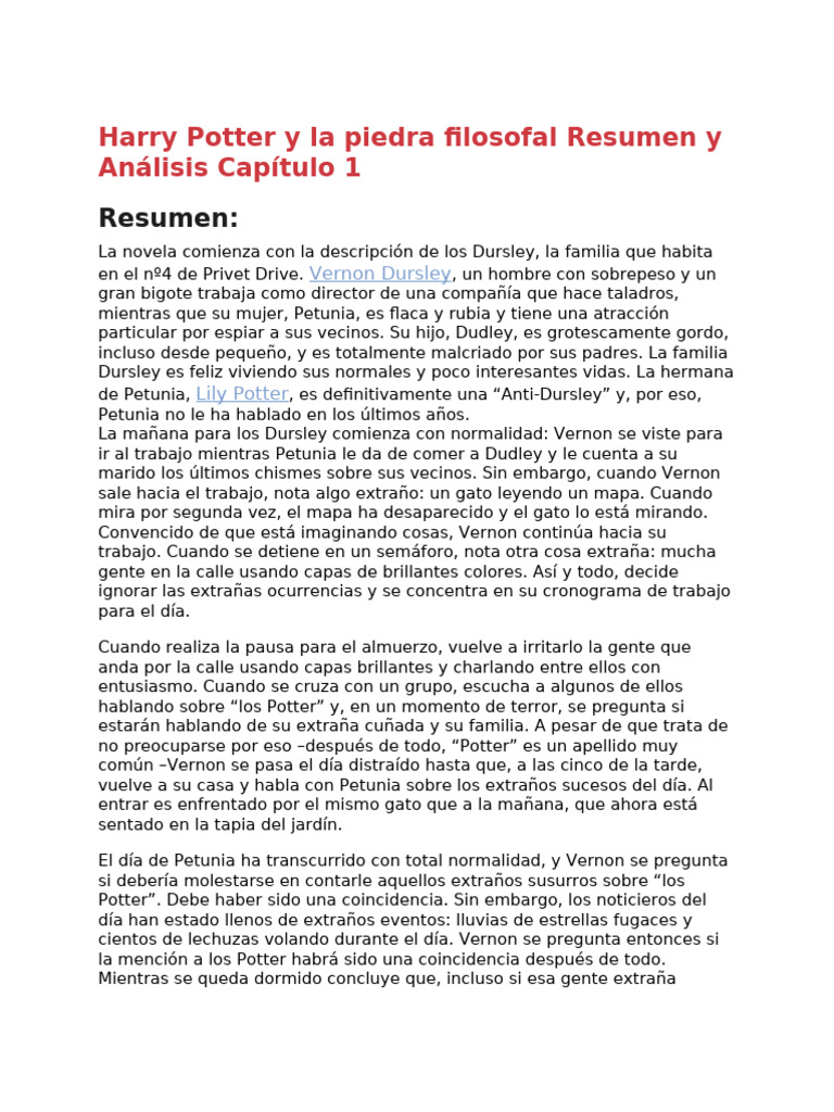 Harry Potter y La Piedra Filosofal Resumen y Análisis Capítulo 1 | PDF ...