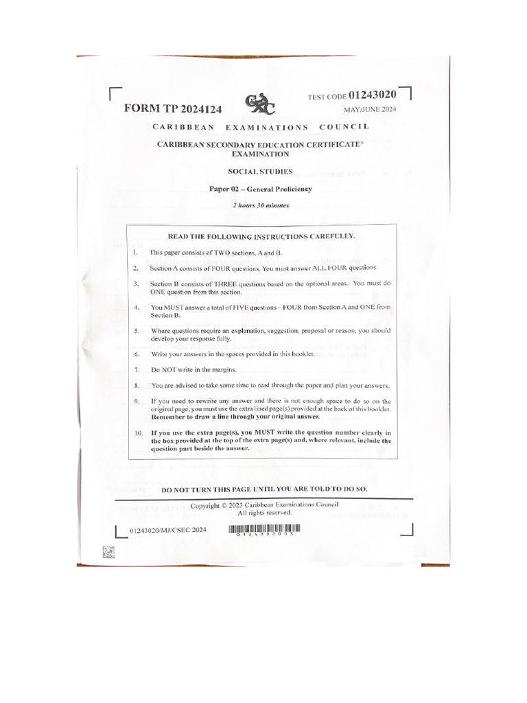 CSEC Social Studies Paper 2 2024 | PDF