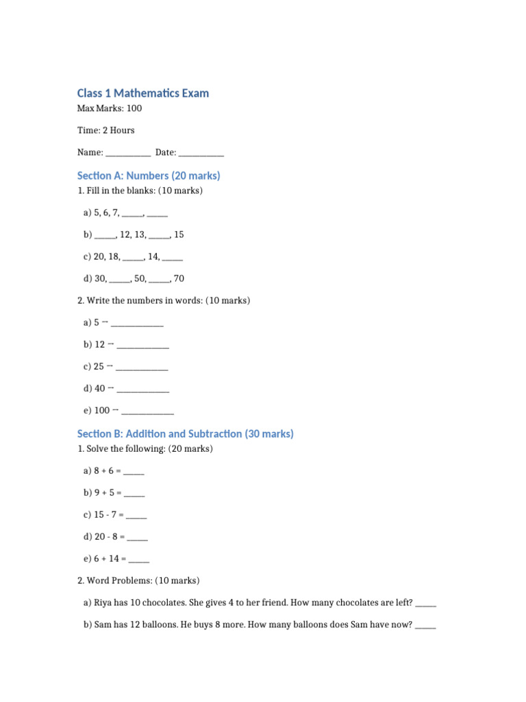 Class 1 Maths Exam | PDF