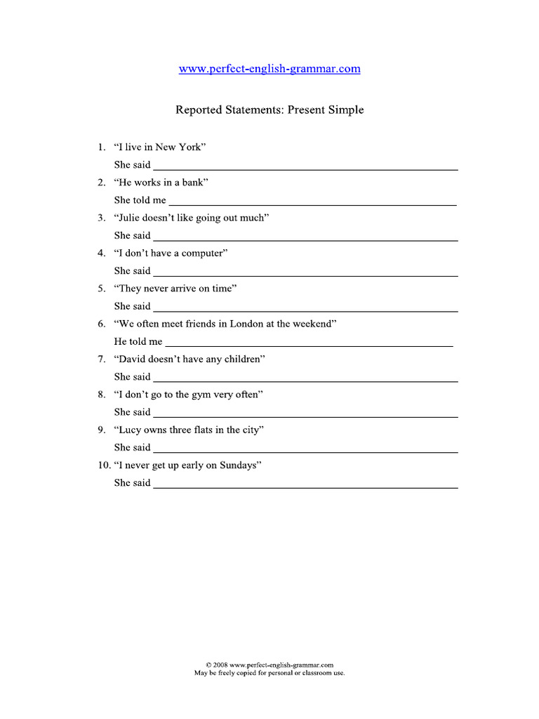 Reported Statements Present Simple Csak Feladat | PDF