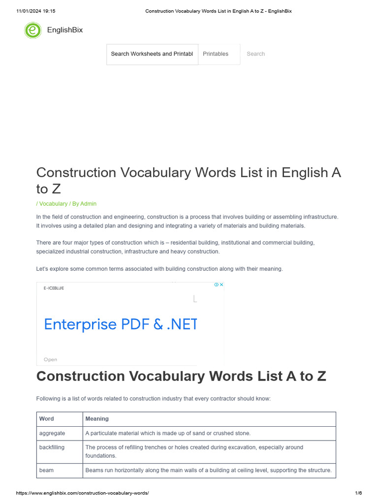 Construction Vocabulary Words List in English A To Z - EnglishBix | PDF ...