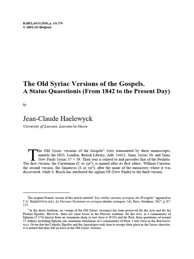 The+Old+Syriac+Versions+of+the+Gospels.+a+Status+Quaestionis+(From+1842 ...
