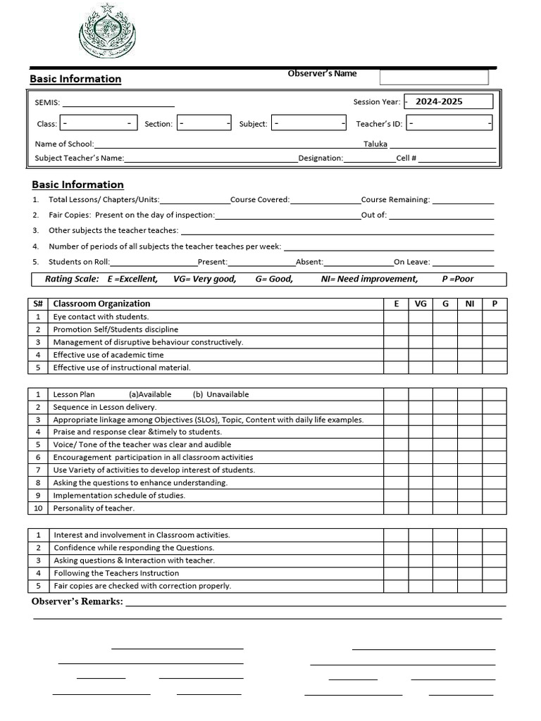 Final Inspection Classroom Observation 2024 2025 | PDF | Teachers ...