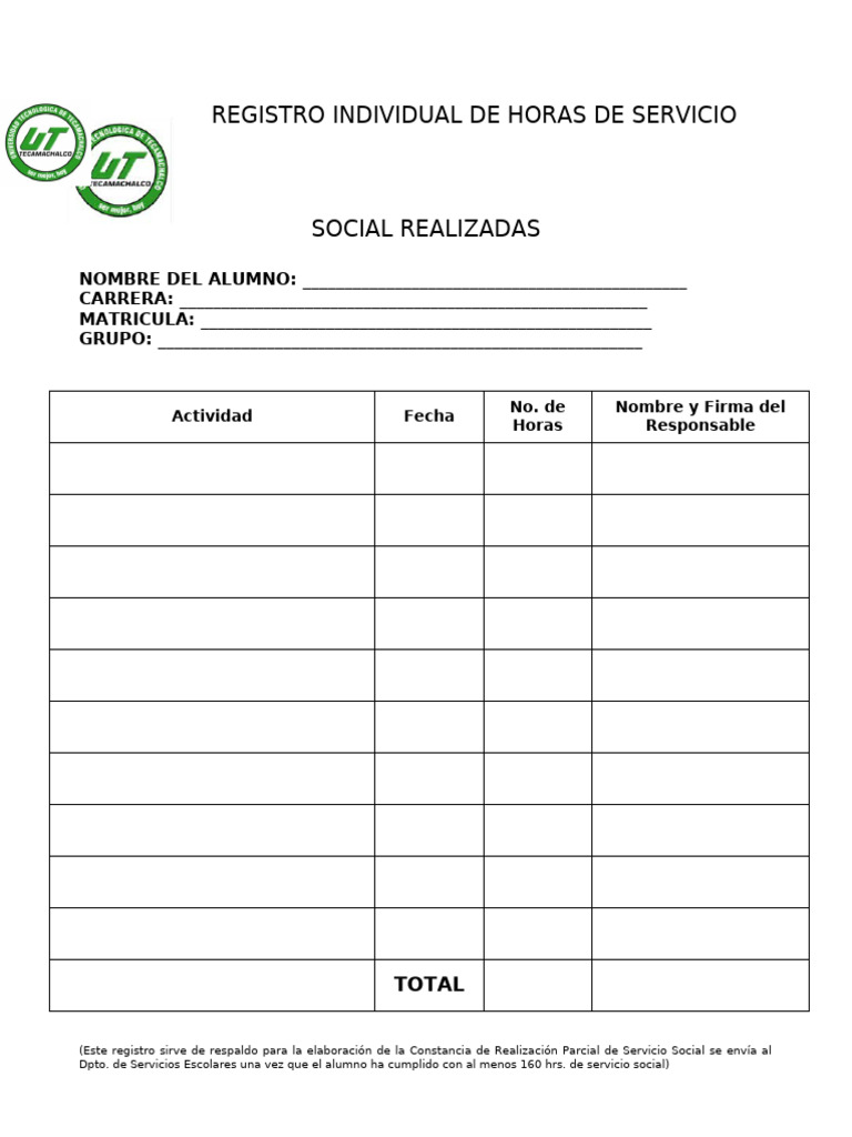 Formato de Servicio Social Reg. Horas | PDF