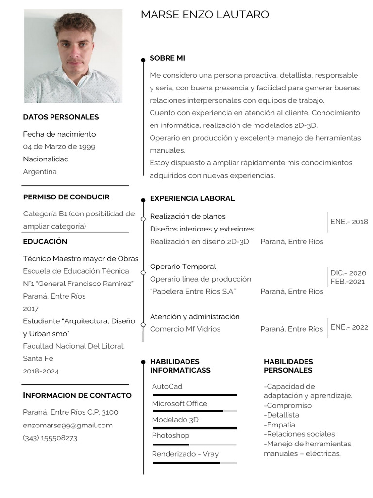 CV de Enzo Lautaro Marse - Arquitectura y Diseño | PDF | Aprendizaje