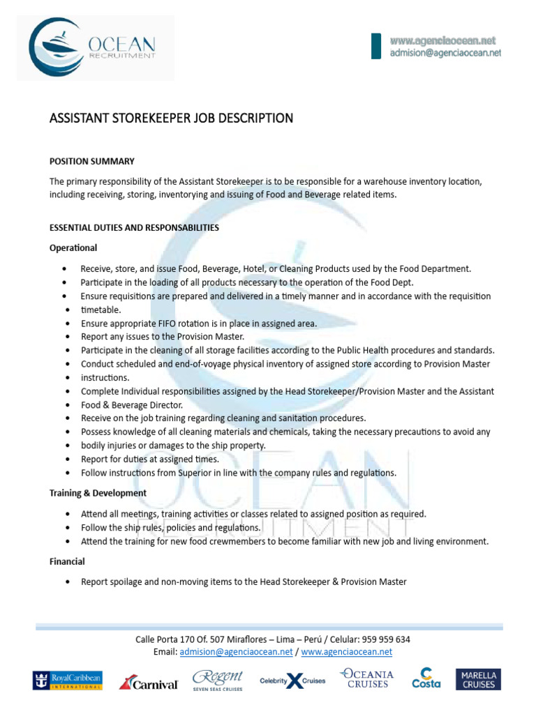 Assistant Storekeeper Job Description | PDF | Visual Perception | Safety