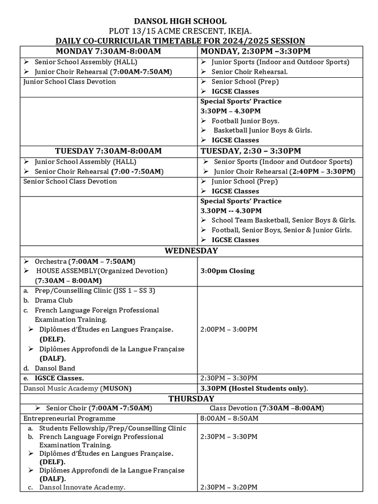 Daily Co-Curricular Timetable For 2024.2025 Academic Session D | PDF ...
