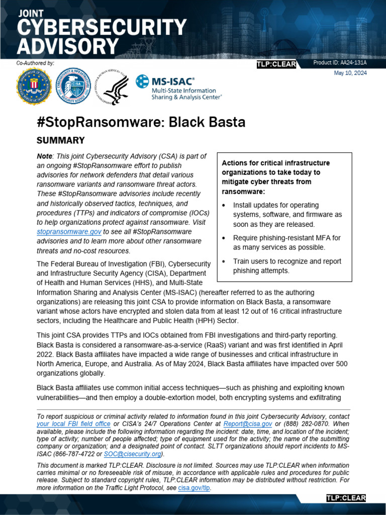 StopRansomware - Black Basta Joint Cybersecurity Advisory | PDF ...