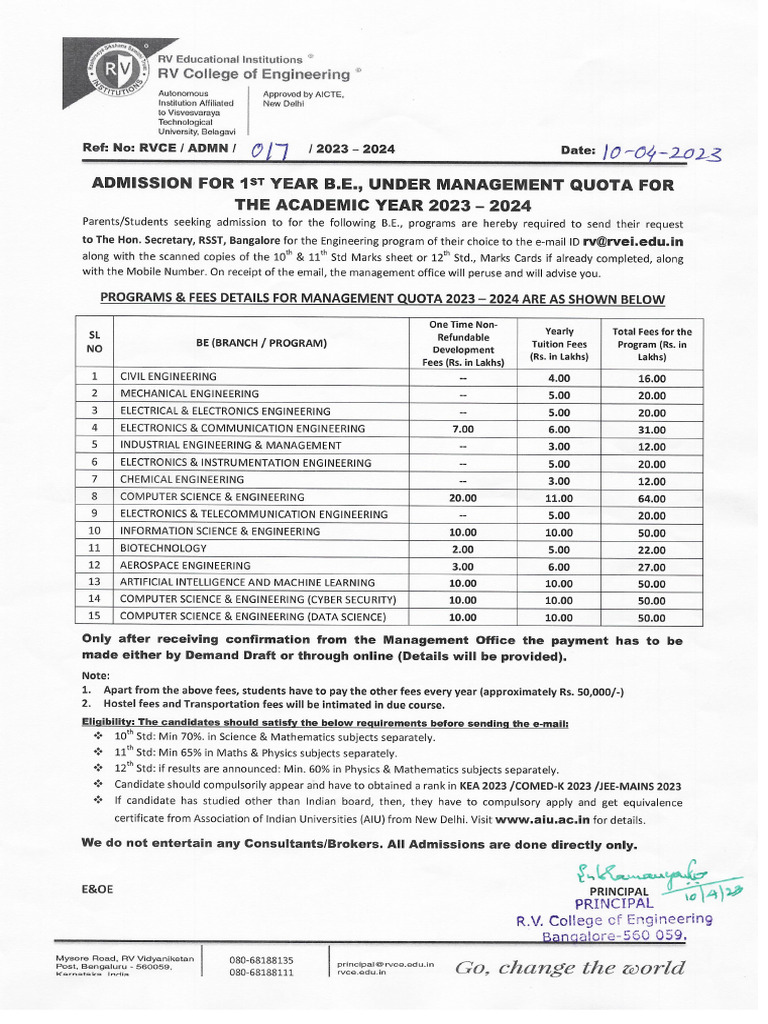 Admission BE - Under Management Quota | PDF