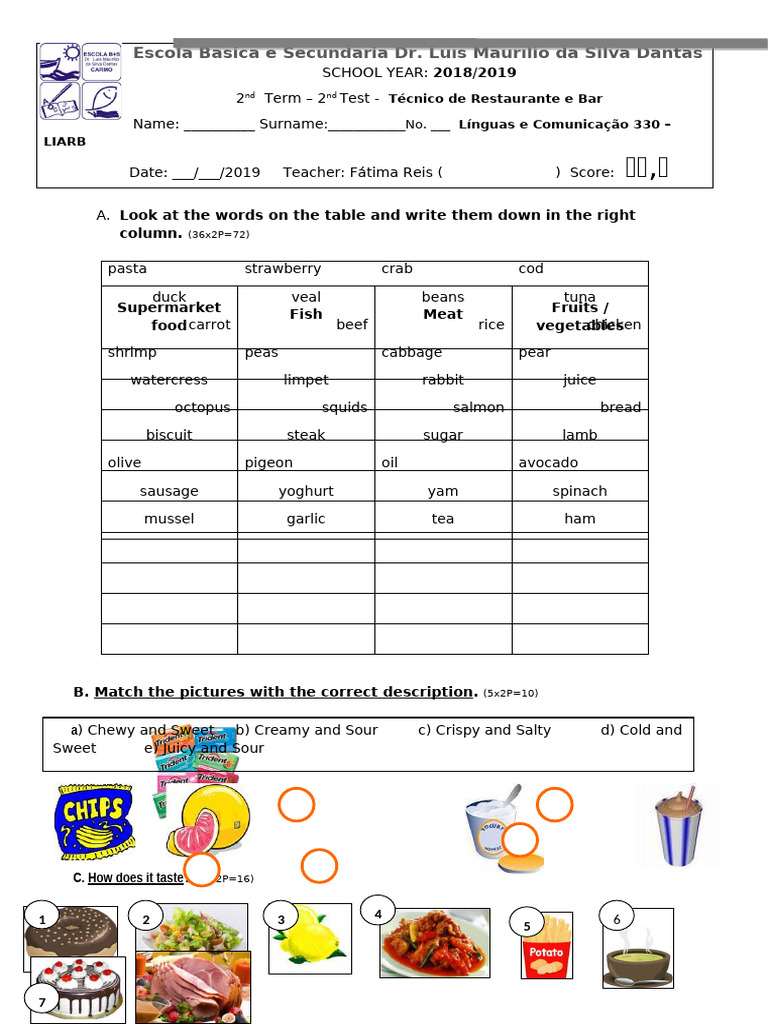 Restaurant and Bar Test 2019 | PDF | Taste | Food And Drink