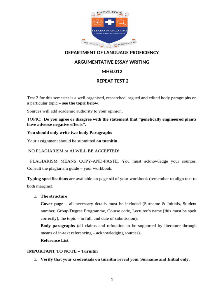 Repeat Test 2 Topic and Instruction for argumentative Body paragraphs ...