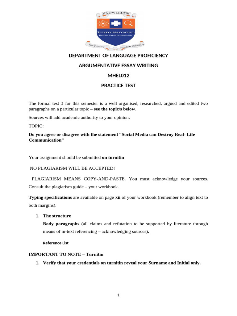 Practice test for Argumentative essay(1) | PDF
