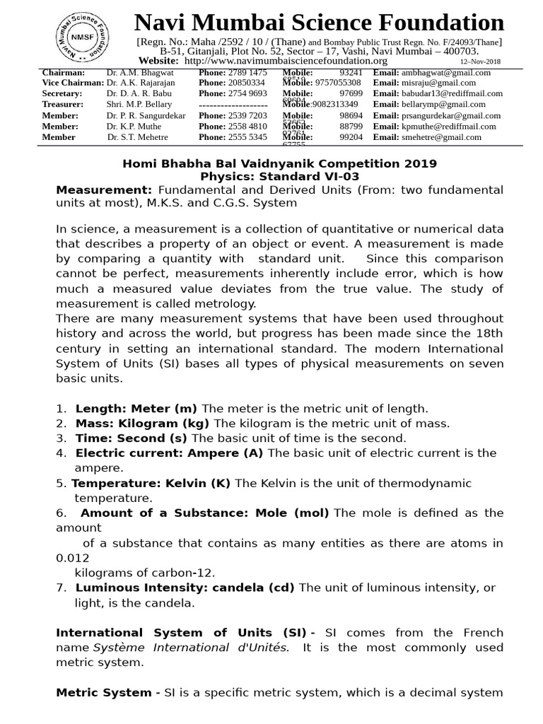 HBBN VI Physics 03 MKS - Systems | PDF | International System Of Units ...