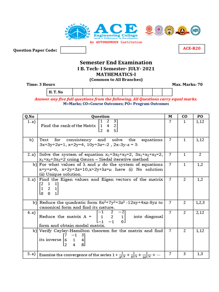 Mathematics I 9 1 Pdf Matrix Mathematics Eigenvalues And 9167