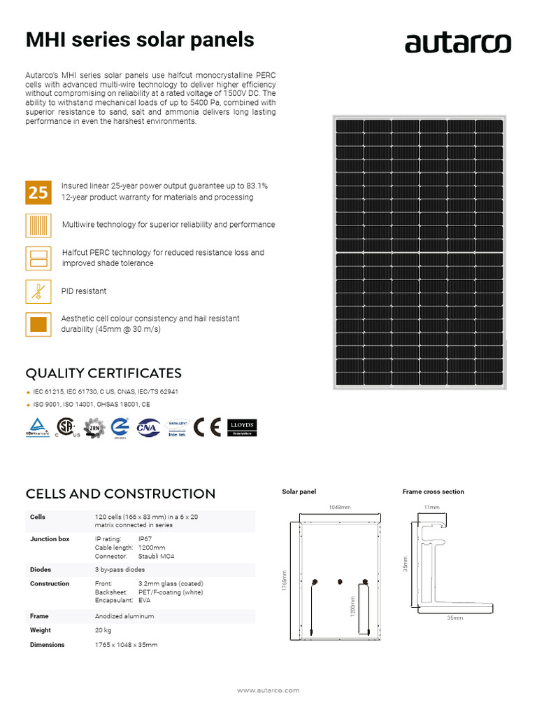 Autarco Solar Panels MHI Series Datasheet | PDF | Solar Panel ...