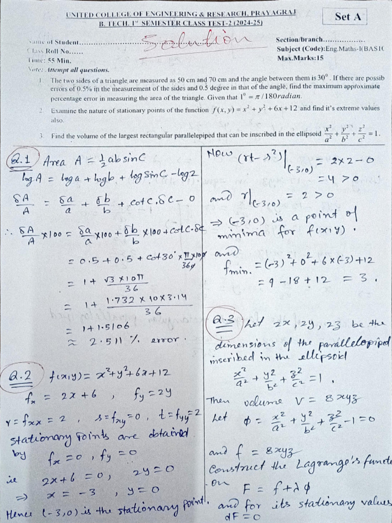 Solution Mathematics Class Test 2 | PDF