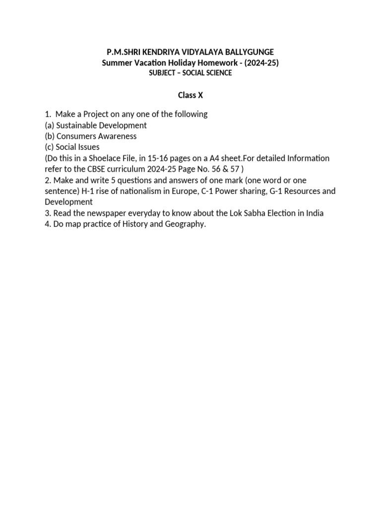 Class X Social Science Holiday Homework | PDF