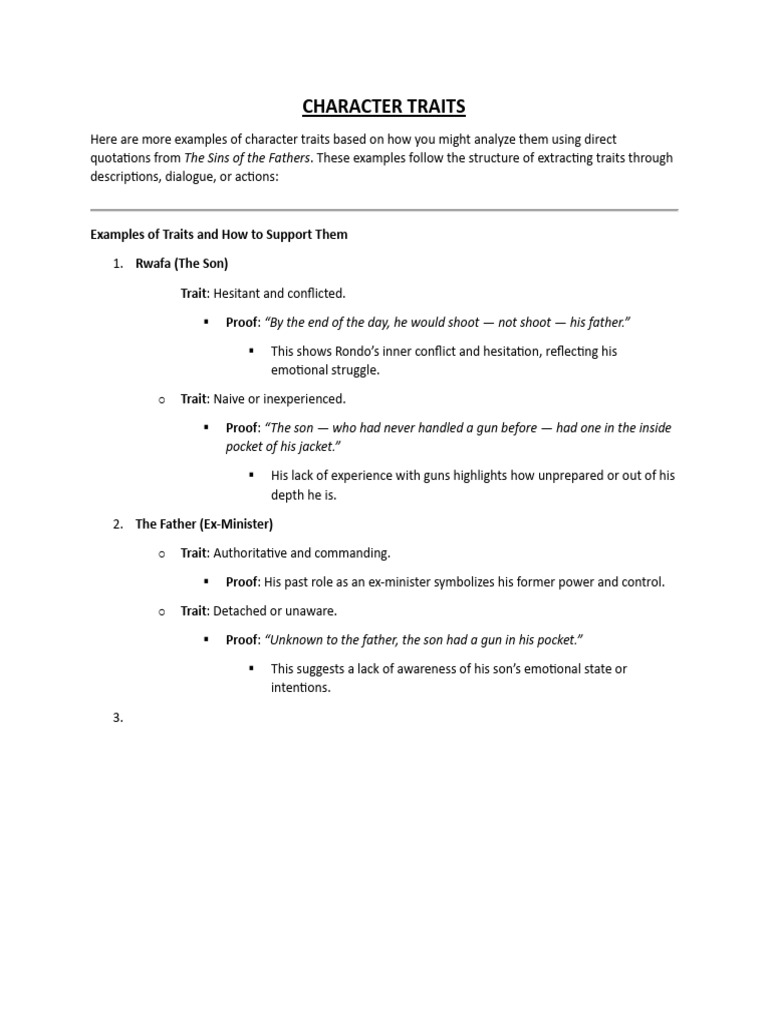 Character Traits Analysis in "Sins of the Fathers" | PDF