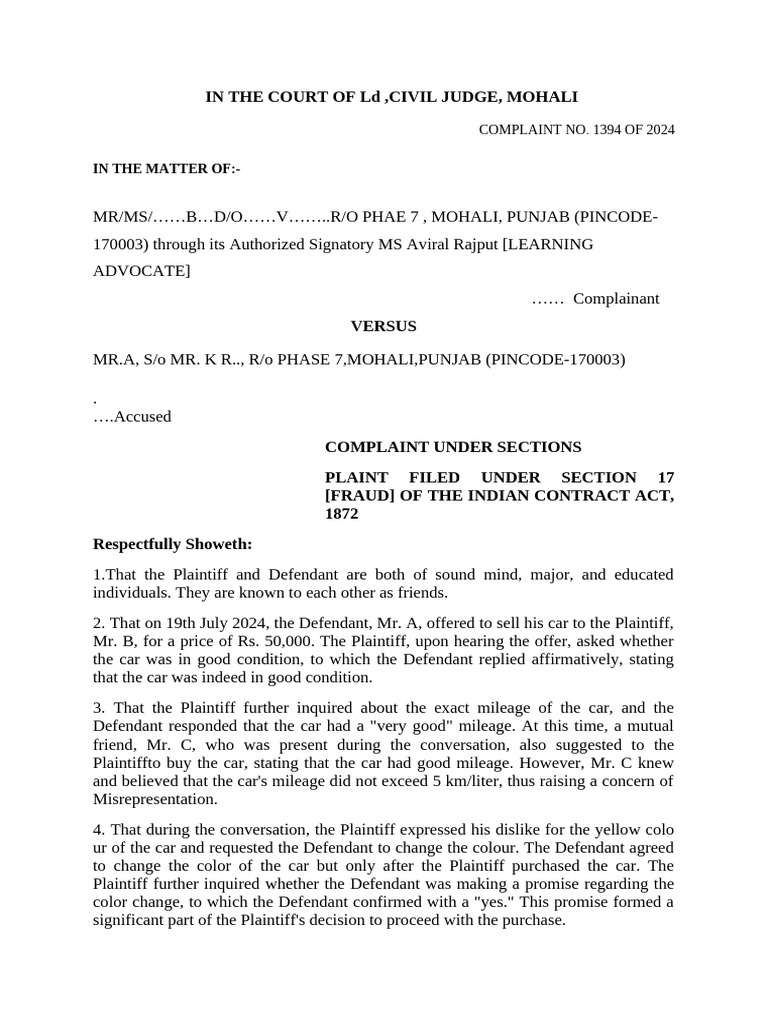 plaint | PDF | Misrepresentation | Legal Concepts