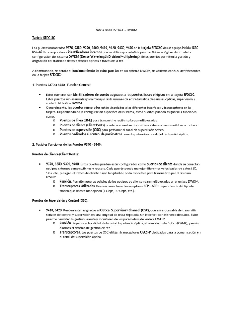Funciones de Puertos en Nokia 1830 PSS16-II | PDF | Multiplexación por ...