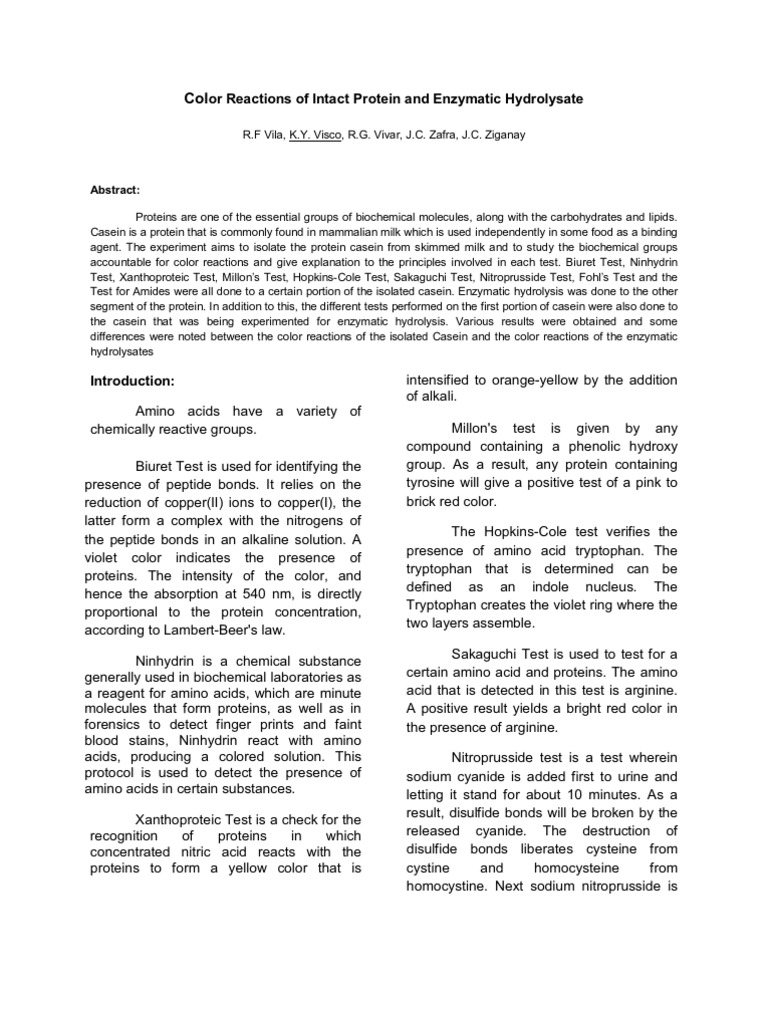 Color Reactions of Casein Protein and Enzymatic Hydrolysate | PDF ...