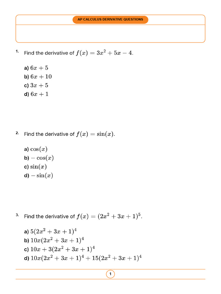 AP Calculus Derivative Practice Questions | PDF