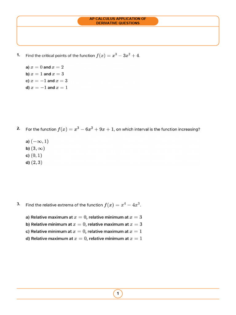 AP Calculus Application of Derivative Questions | PDF