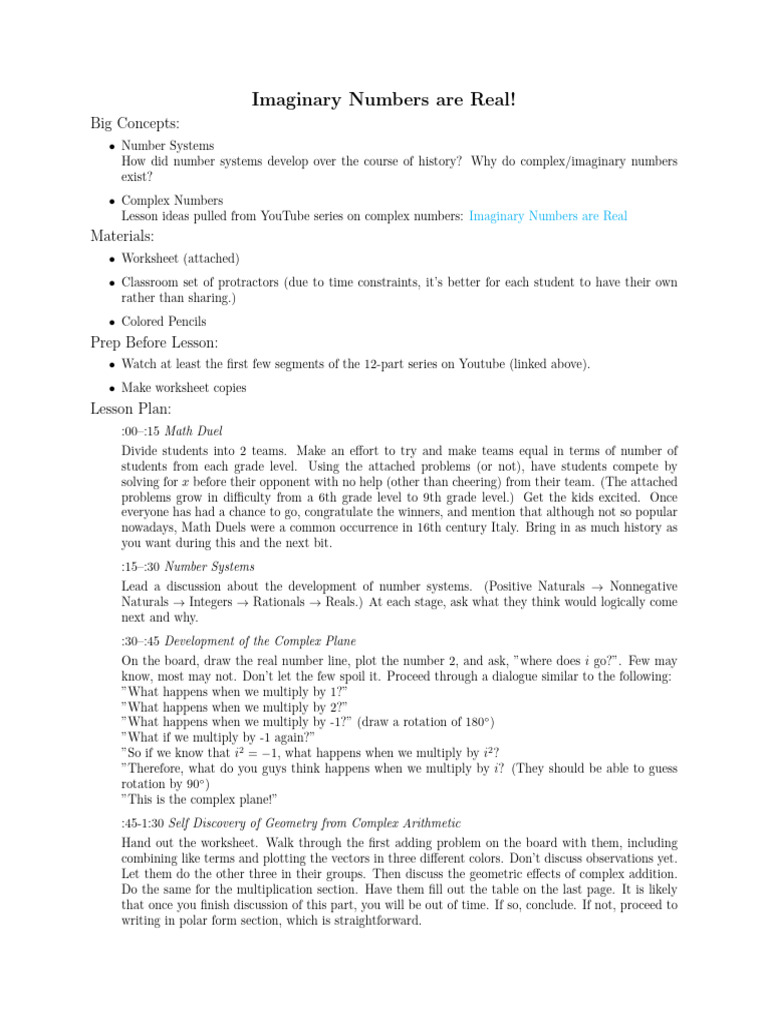 Math Jam Lesson Plan Complex Numbers | PDF | Multiplication | Angle