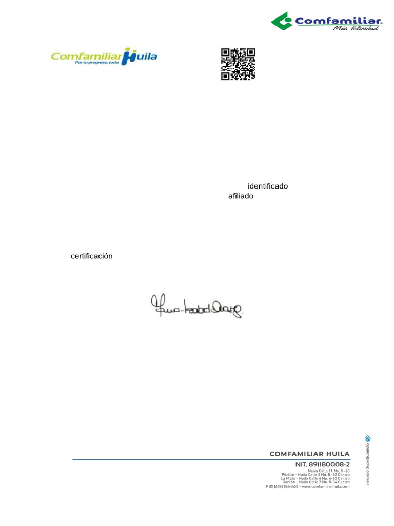Certiciado Comfamiliar NIT 1004266286-7 | PDF