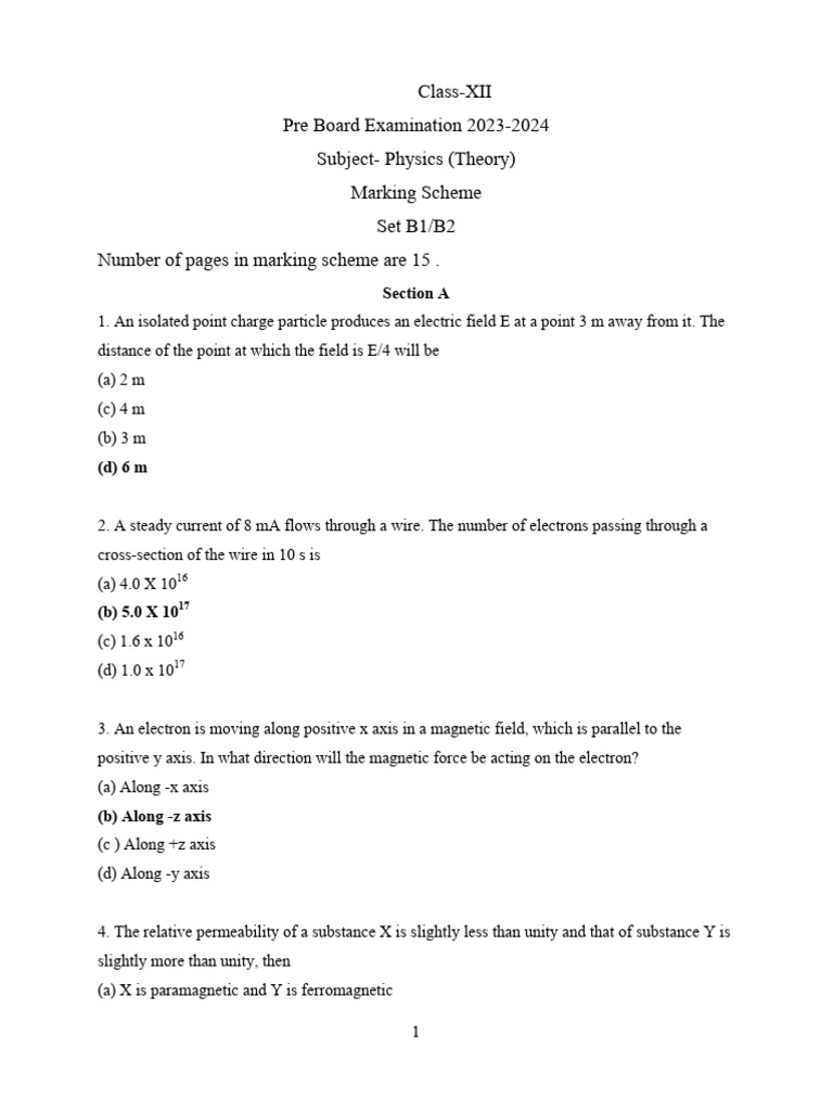 Class XII Physics Pre-Board Exam Marking Scheme | PDF | Inductance ...