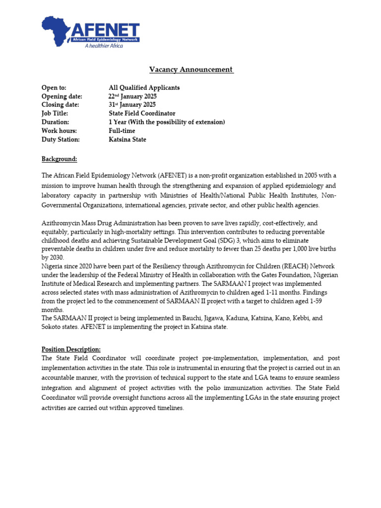 Vacancy Announcement - State Field Coordinator SARMAAN II Project | PDF ...