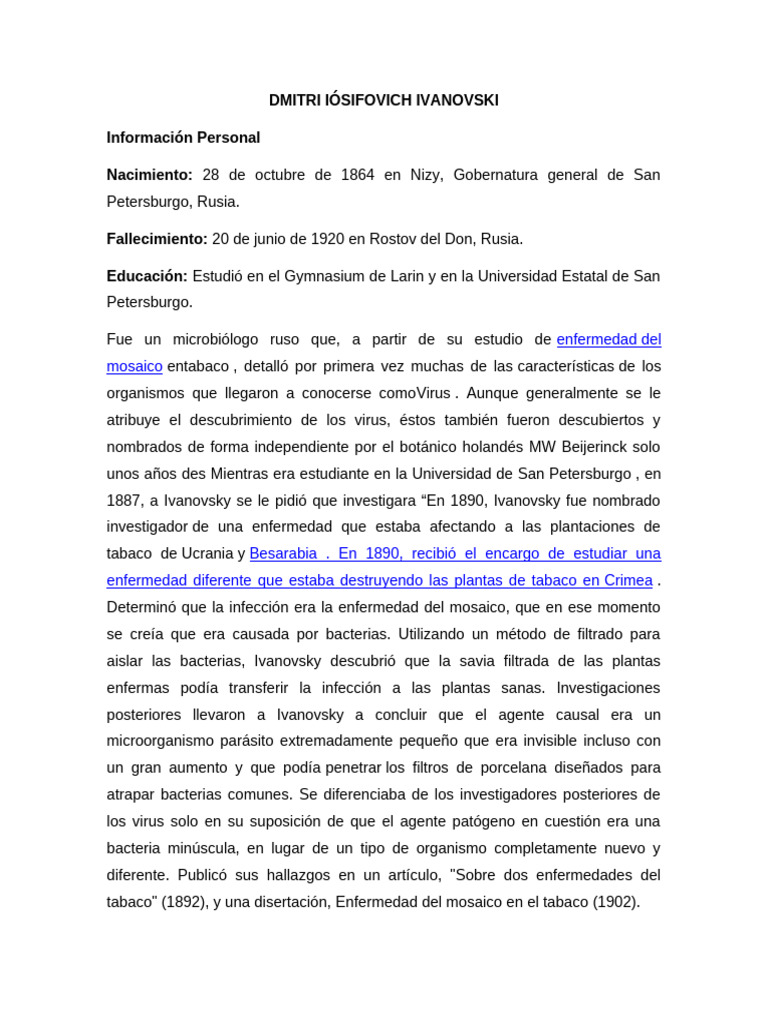 Dmitri Ivanovski: Pionero en Virología | PDF | Biología | Organismos