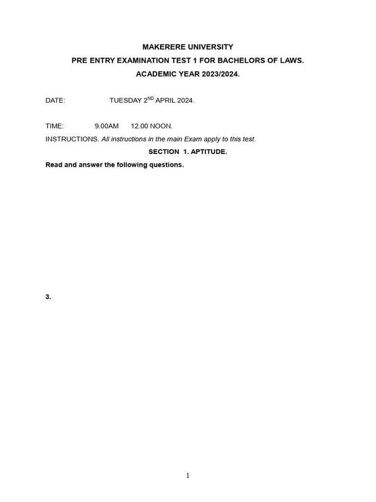 Makerere Law Pre-Entry Exam Paper 2024 | PDF | Archaeology | Plato
