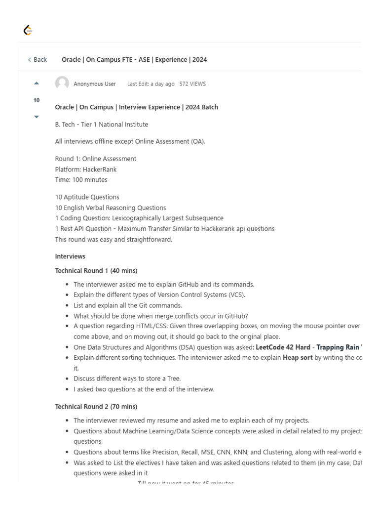 Oracle - On Campus FTE - ASE - Experience - 2024 - LeetCode Discuss | PDF